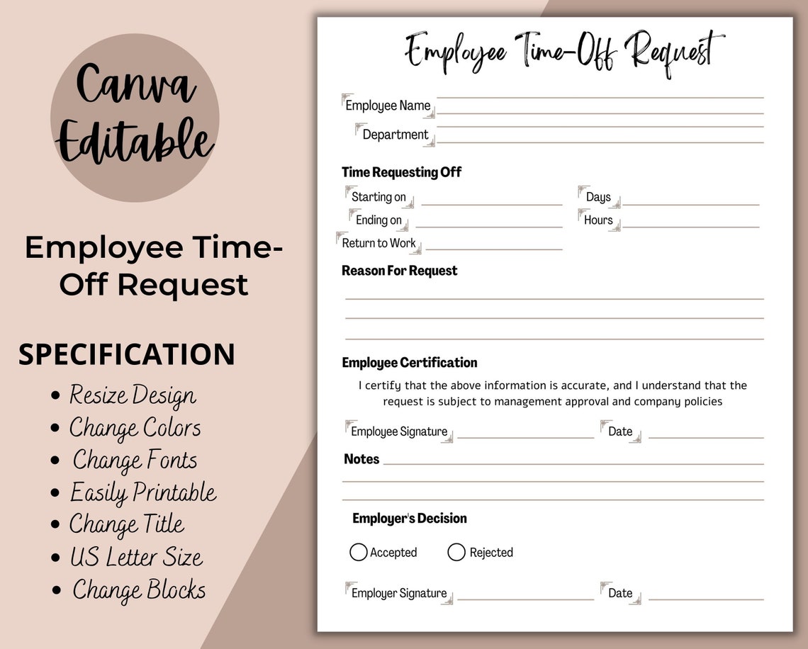 Editable Employee Time off Request Template Printable - Etsy