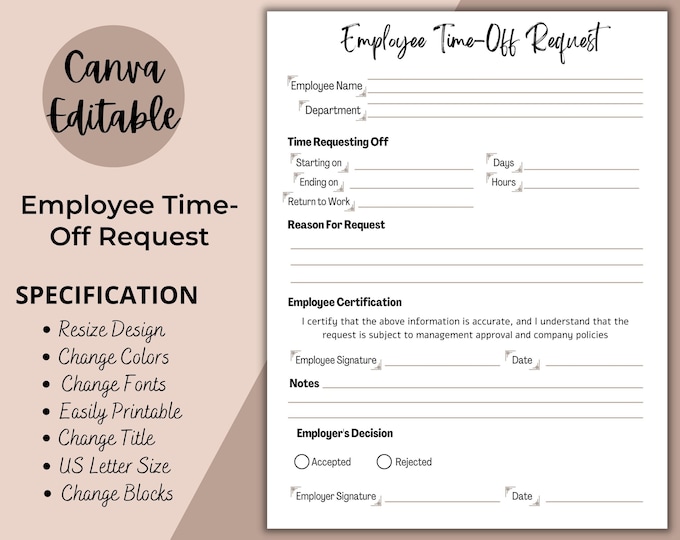 Editable Employee Time off Request Template, Printable Vacation Request ...