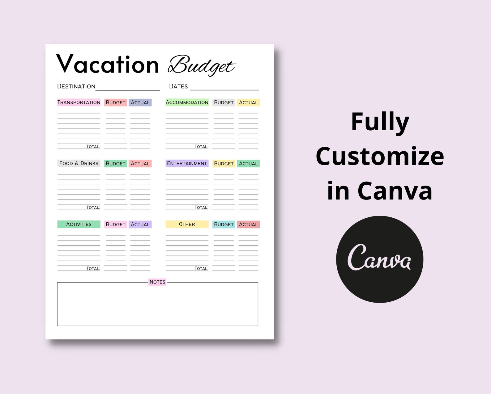 Editable Vacation Budget Template, Printable Holyday Expense, Vacation ...