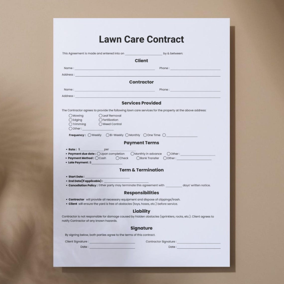 Simple Lawn Care Agreement, One Page Service Contract, Printable ...