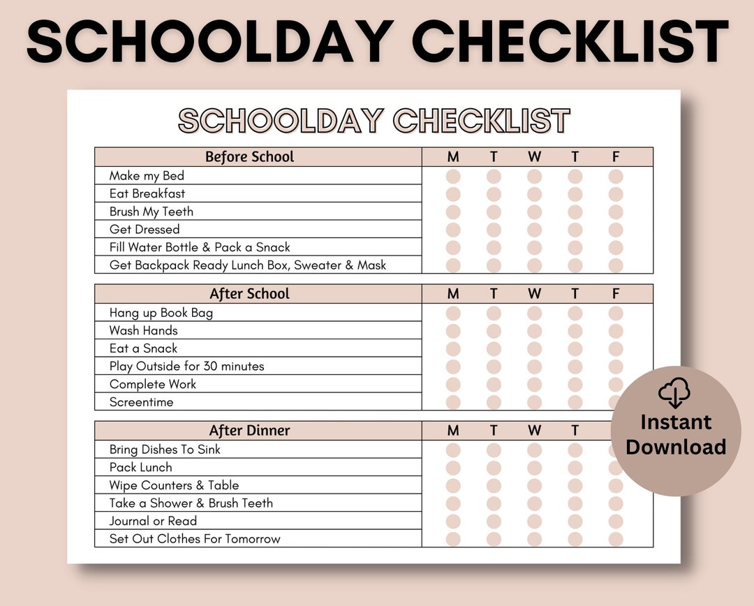Schoolday Checklist for Kids | Printable Kids Chore Chart | Editable ...