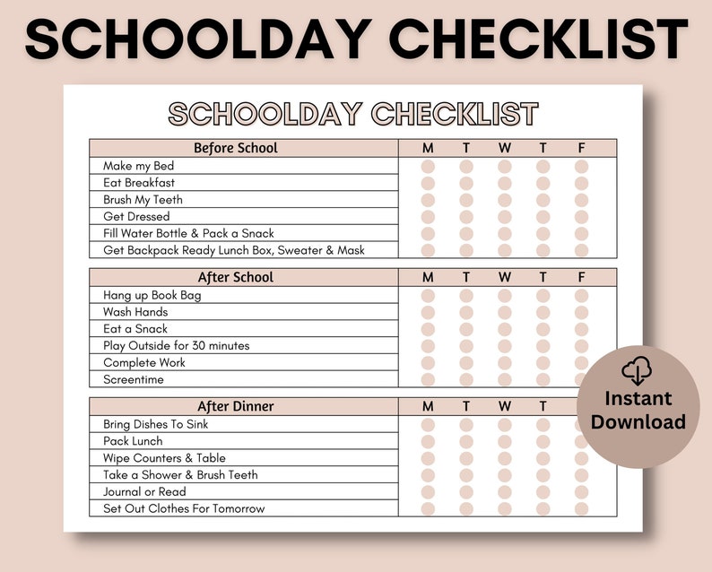 Schoolday Checklist for Kids | Printable Kids Chore Chart | Editable ...