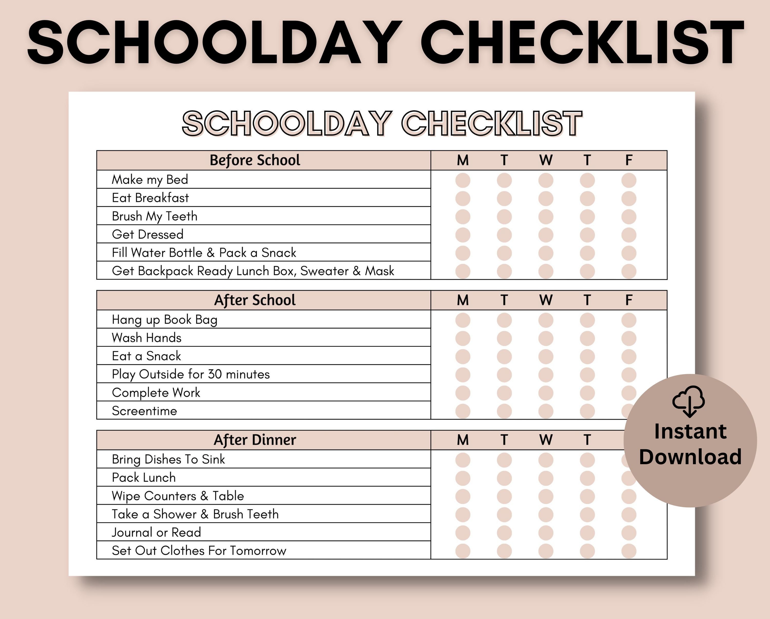 Schoolday Checklist for Kids | Printable Kids Chore Chart | Editable ...