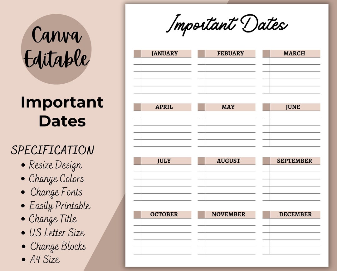 Important Dates Printable | Birthdays, Editable Anniversaries, Holidays ...