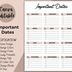 Important Dates Printable | Birthdays, Editable Anniversaries, Holidays ...