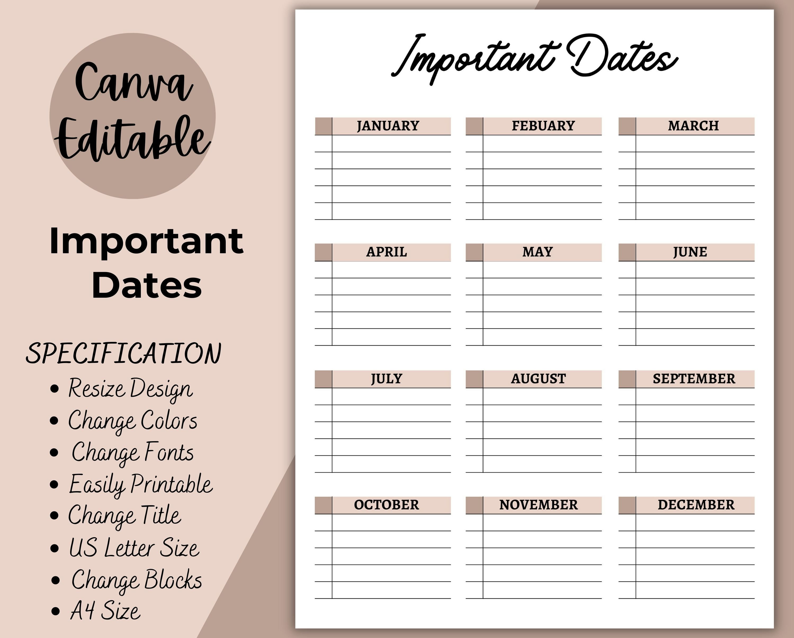 Important Dates Printable Birthdays Editable Anniversaries - Etsy