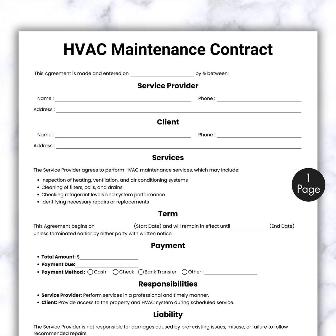 Simple HVAC Maintenance Contract, One Page Air Conditioning Contract ...