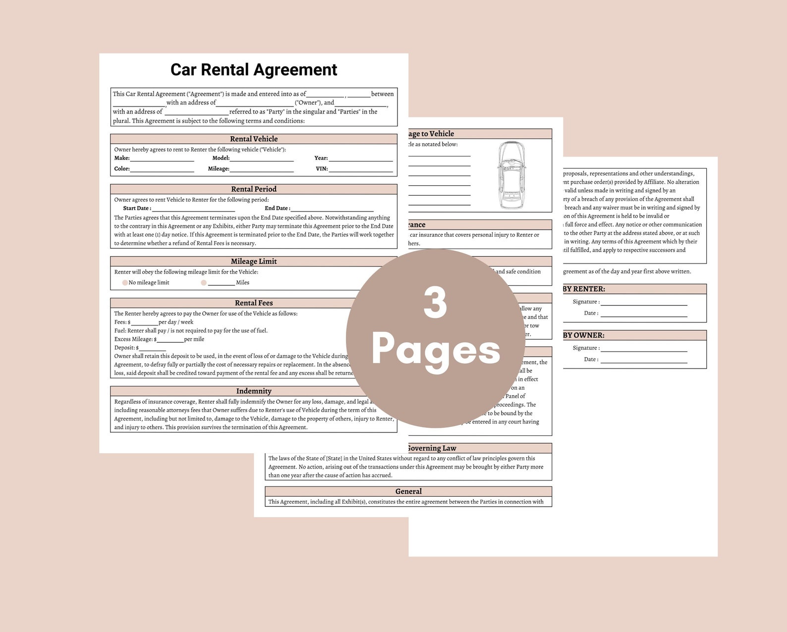 Car Rental Agreement Printable Vehicle Lease Contract Car - Etsy