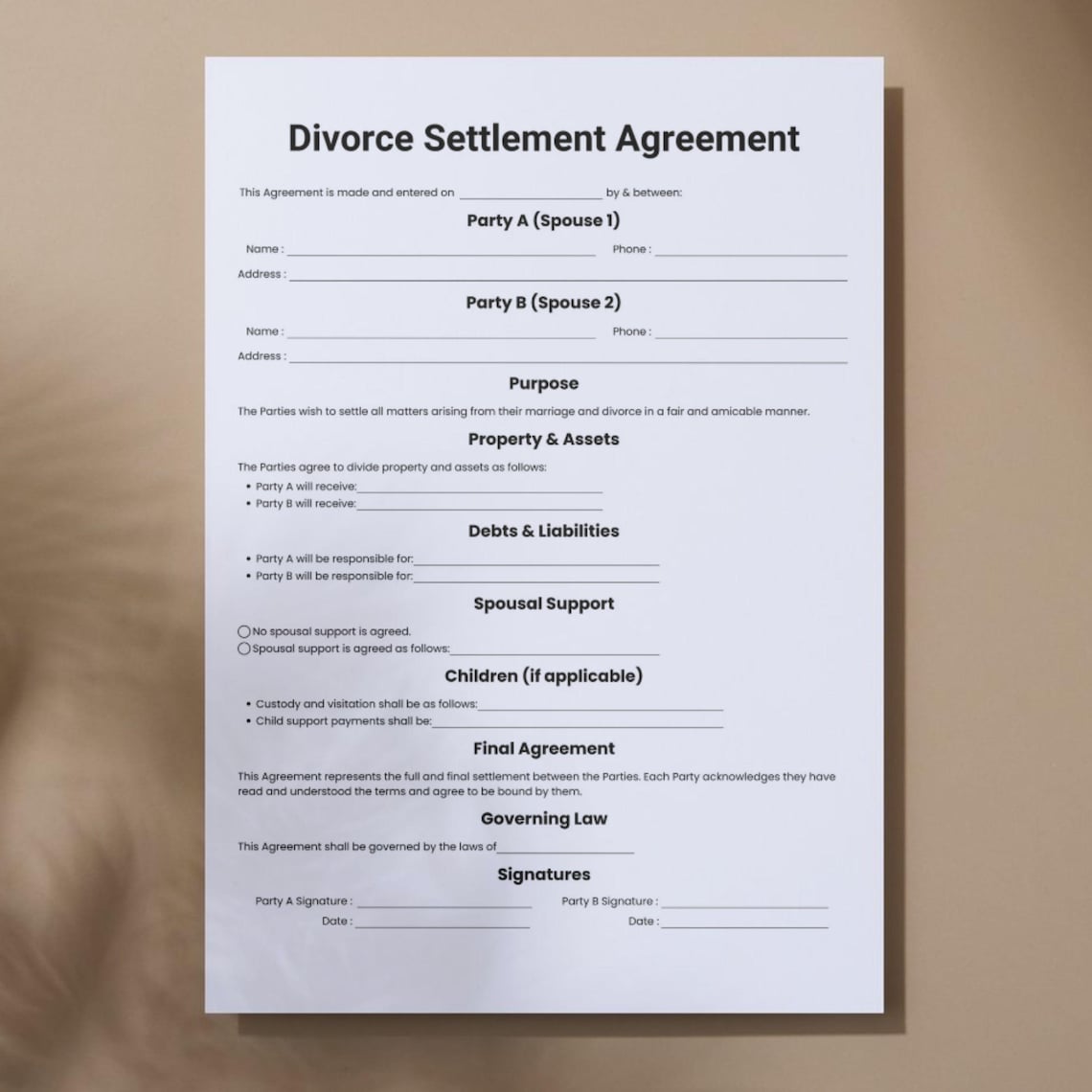 Simple Divorce Settlement Agreement, One Page Marriage Dissolution Form ...