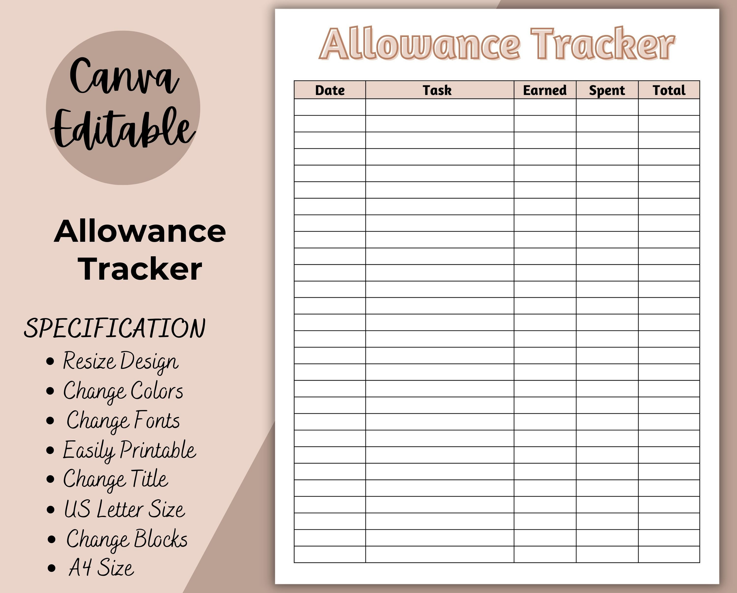 Allowance Tracker Kids Printable Earn Money Chart Daily - Etsy