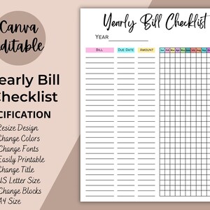 Bill Checklist, Printable Monthly or Yearly Bill Tracker, Canva ...