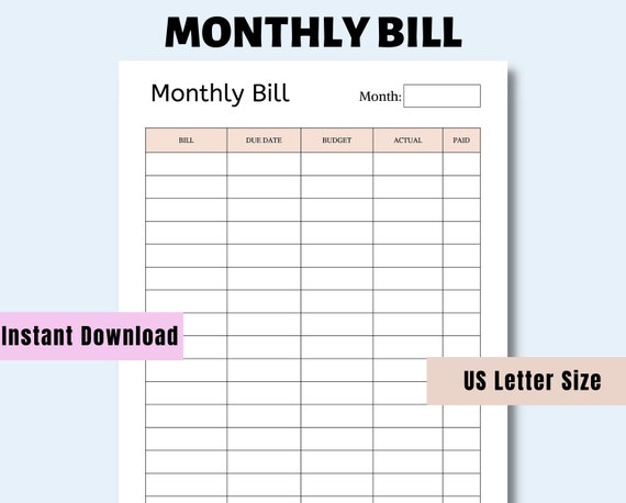 Printable Monthly Bill Tracker Monthly Bill Log Bill - Etsy