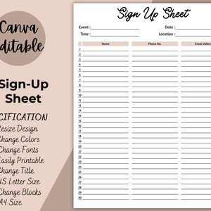 Sign up Sheet Printable Template - Canva Editable Sign up Form - Event ...