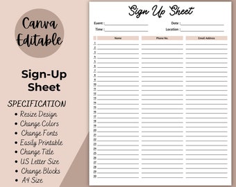 Sign up Sheet Editable Template - Canva Printable Sign up Form - Event ...