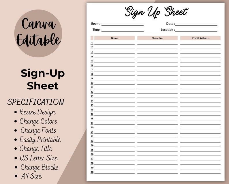 Sign up Sheet Printable Template Canva Editable Sign up Form Event Sign ...