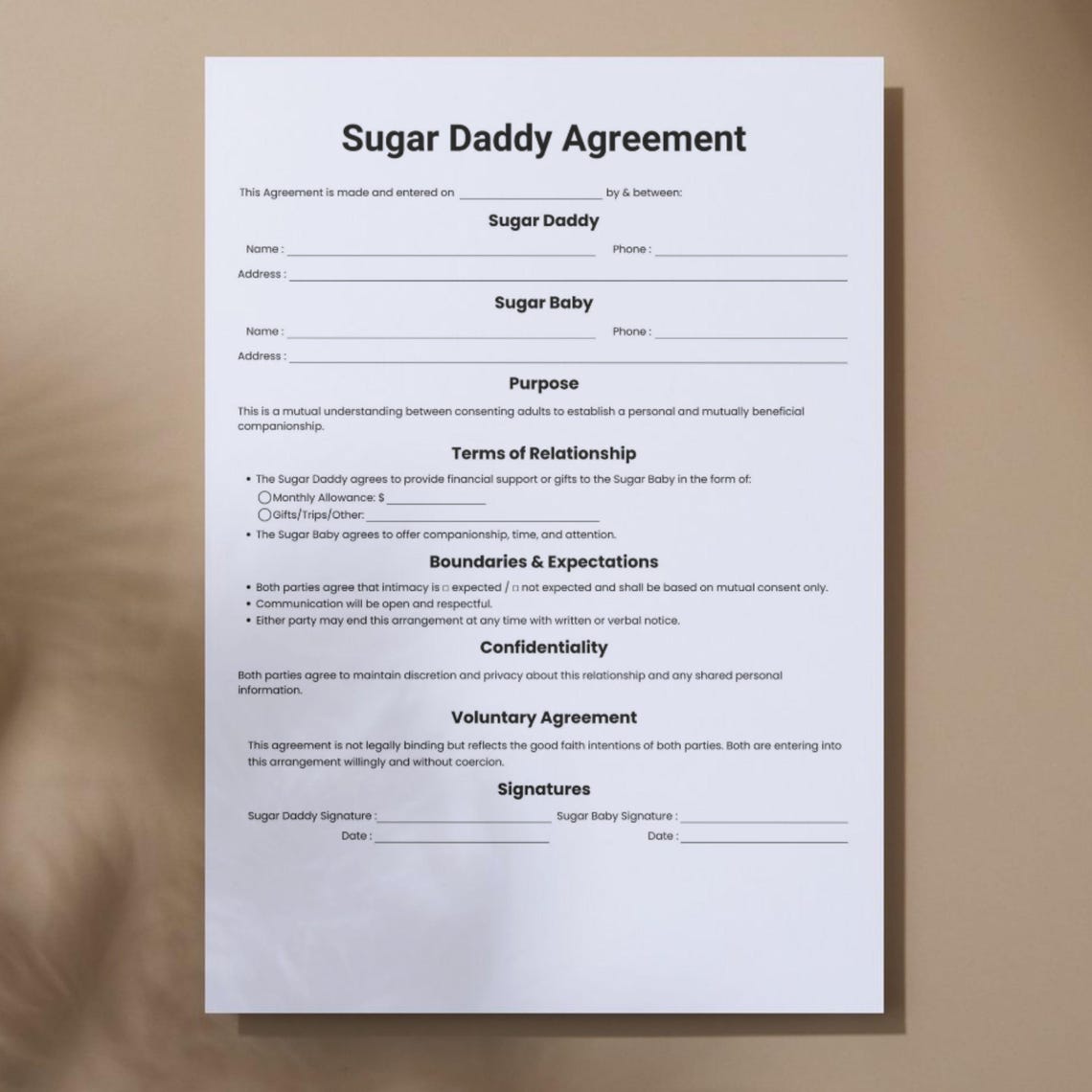 Simple Sugar Daddy Agreement, One Page Discreet Contract Form Canva ...