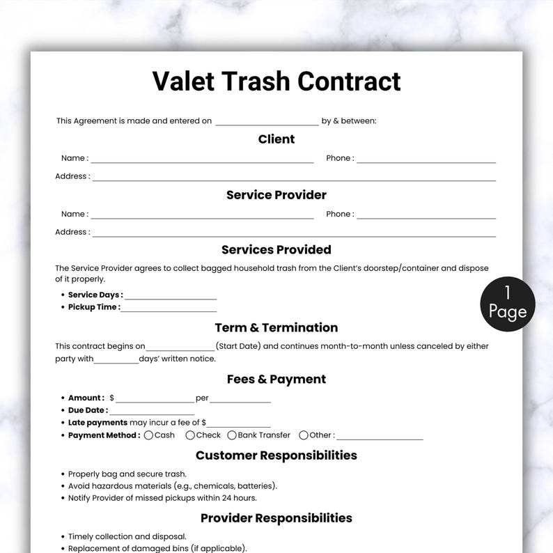 Simple Valet Trash Contract, One Page Rubbish Bin Collection Services ...