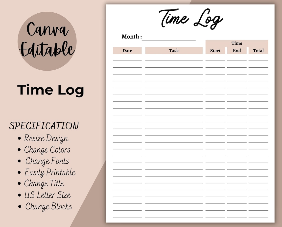 Printable Time Log Timesheet Simple Time Log Easy - Etsy