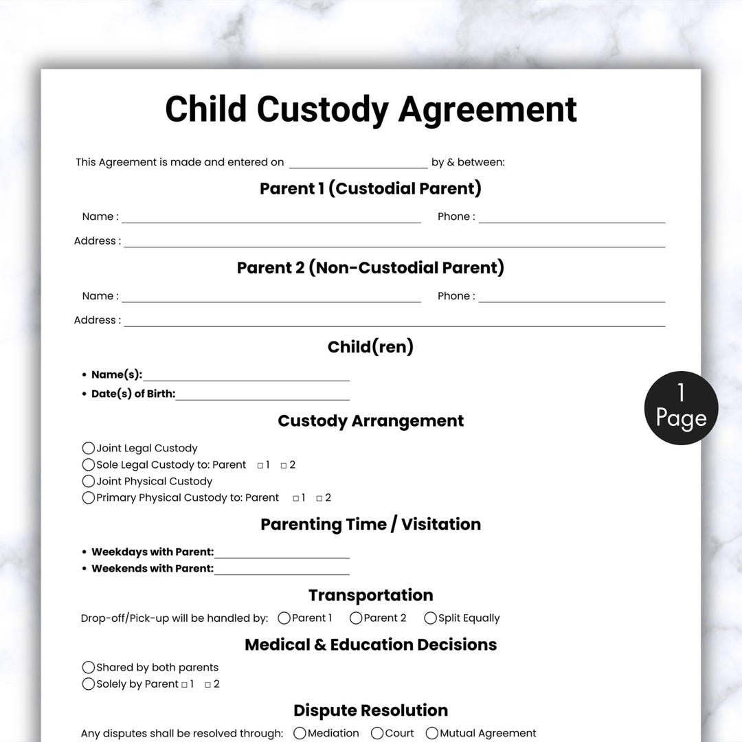 Simple Child Custody Agreement, One Page 50/50 Joint Custody Agreement ...