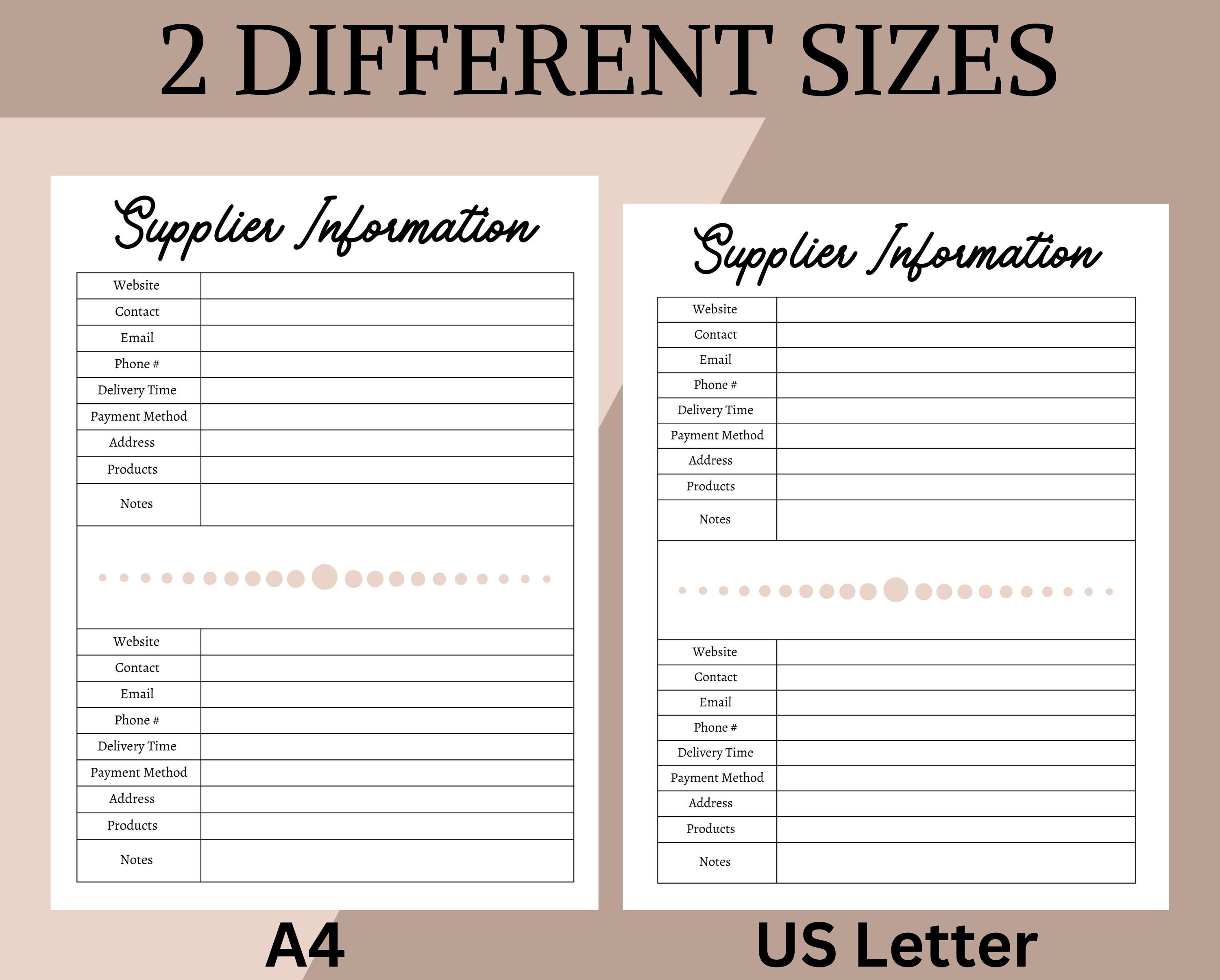Printable Supplier Information Template Editable Template PDF Business Supply Tracker Small ...