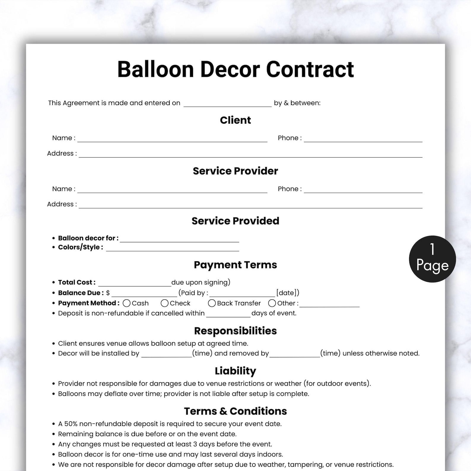 Simple Balloon Decor Contract Template, One Page Balloon Artist Service ...