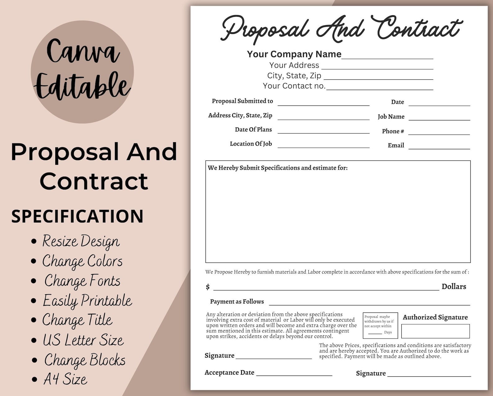 Proposal and Contract Template Canva Editable Form, Quote Form ...