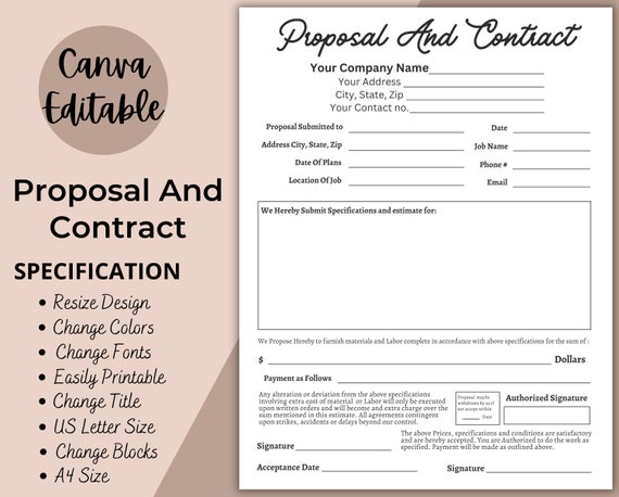 Proposal and Contract Template Canva Editable Form Quote - Etsy