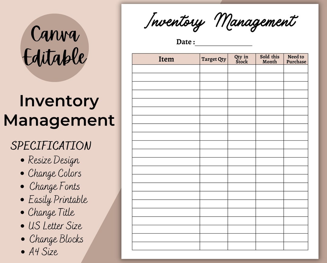Editable Inventory Management, Inventory Checklist Sheet, Small ...