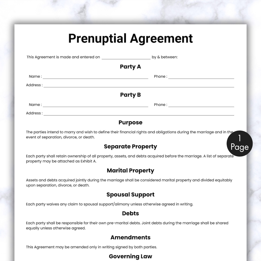 Simple Prenuptial Agreement, One Page Prenup Template Form, Printable ...