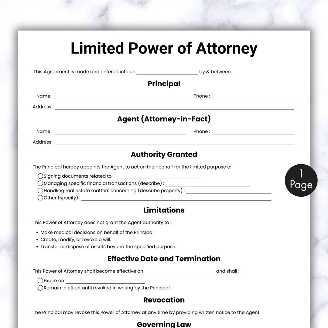Simple Limited Power of Attorney, One Page Standard POA, Printable ...