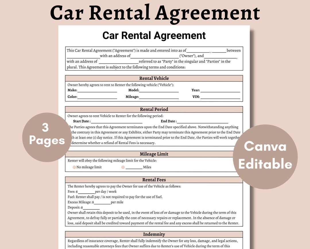 Car Rental Agreement, Printable Vehicle Lease Contract | Car Rental ...