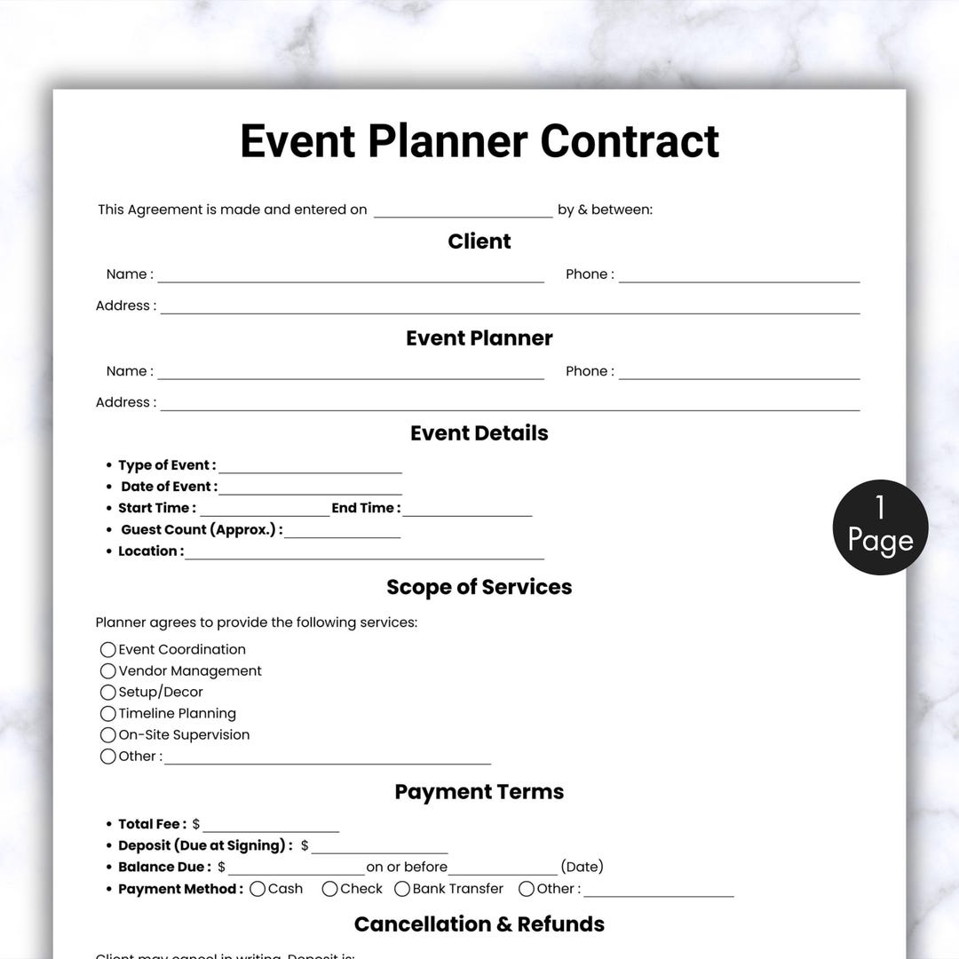 Simple Event Planner Contract, One Page Event Planner Client Form ...