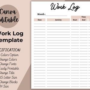 Work Time Log, Printable Work Task Log, Work Log Tracker, Time Spent ...