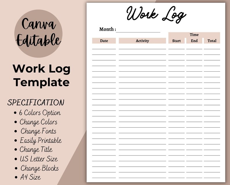 Work Time Log, Printable Work Task Log, Work Log Tracker, Time Spent ...