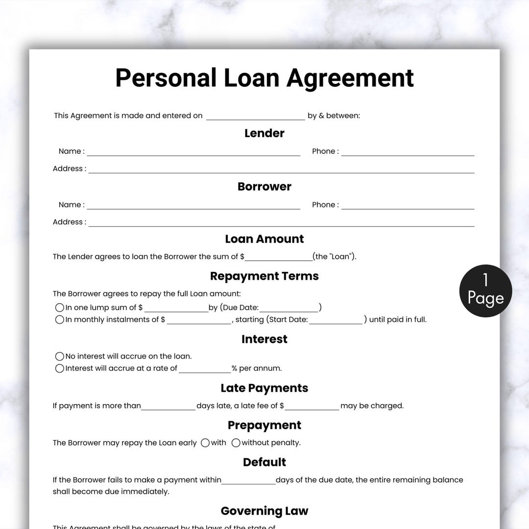 Simple Personal Loan Agreement, One Page Loan Contract Template ...