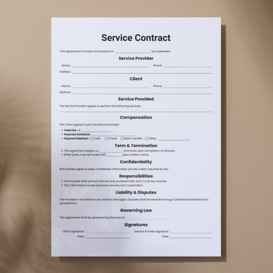Simple Service Contract Template, One Page Services Contract Agreement ...