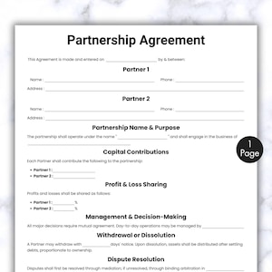 Simple Partnership Agreement, One Page Partnership Agreement for Small Business, Printable ...