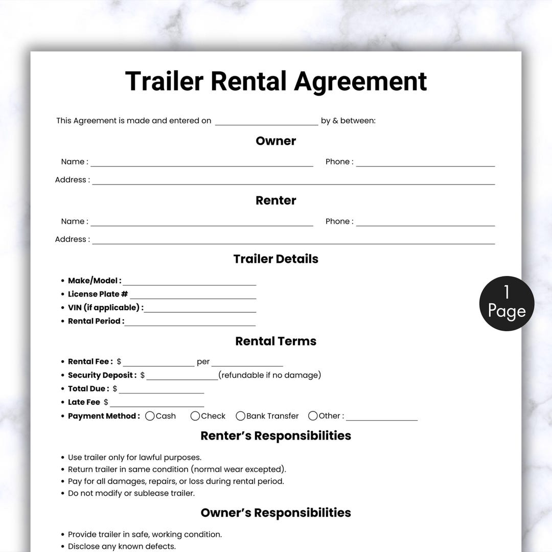 Simple Trailer Rental Agreement, One Page Trailer Rental Contract ...