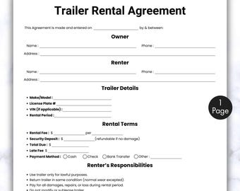 One Page Trailer Rental Agreement, Editable Trailer Rental Contract ...