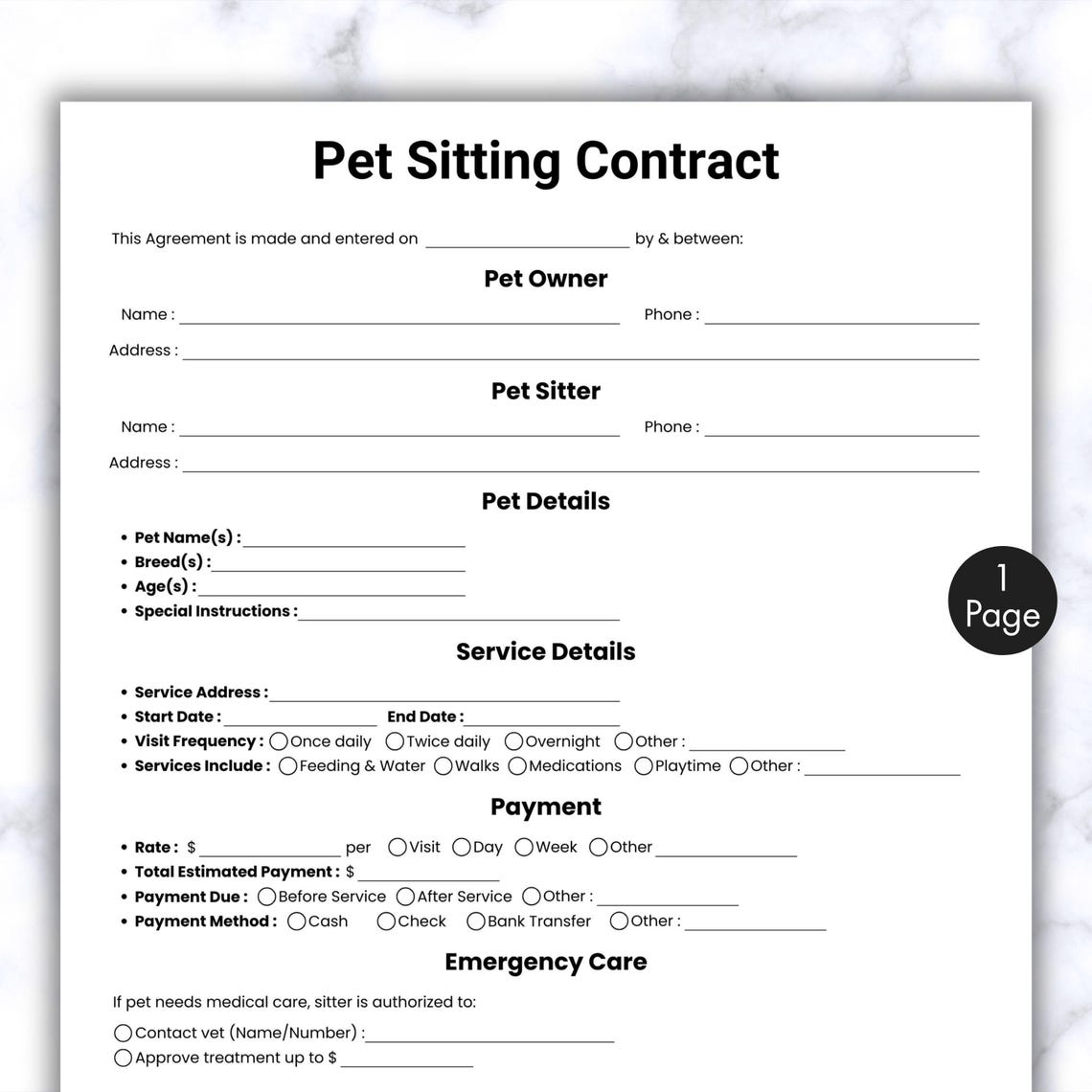 Simple Pet Sitting Contract, One Page Dog Sitting Form Template ...