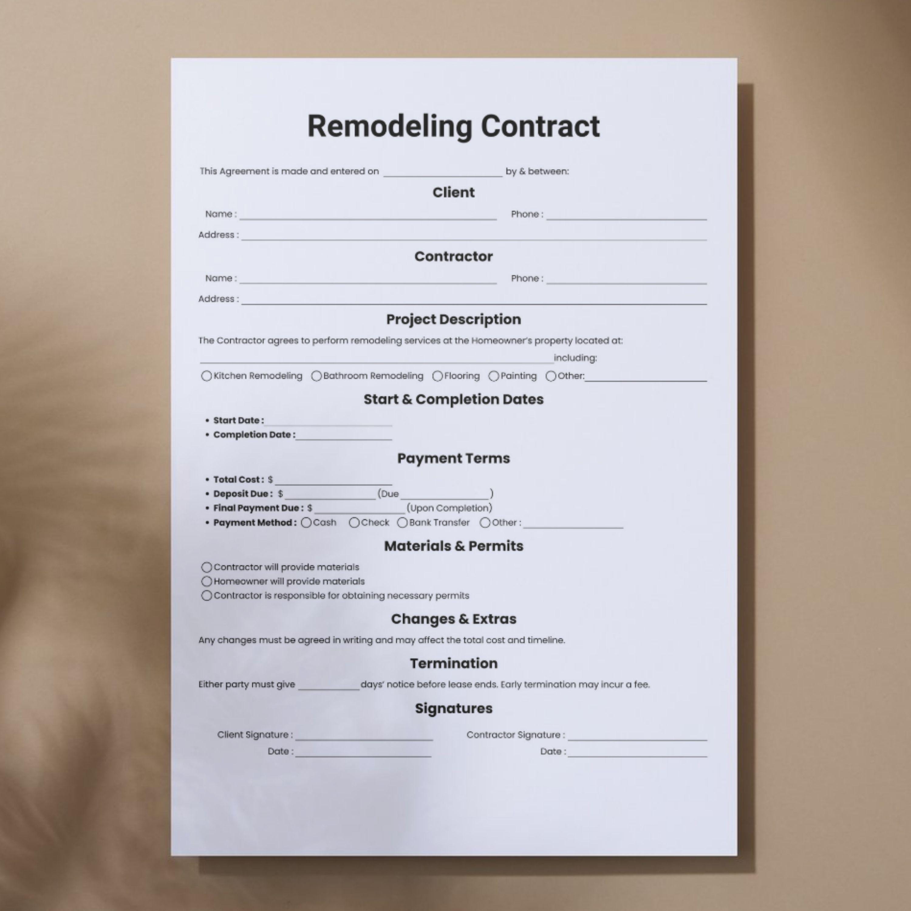 Simple Remodeling Contract, One Page Home Renovation Contract Form ...