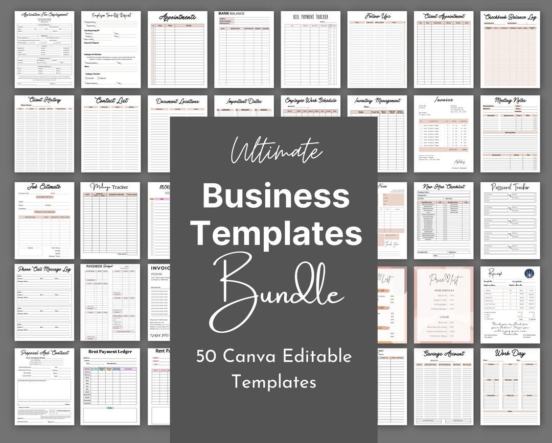 Printable Business Templates Bundle, Editable in Canva, Small Business ...