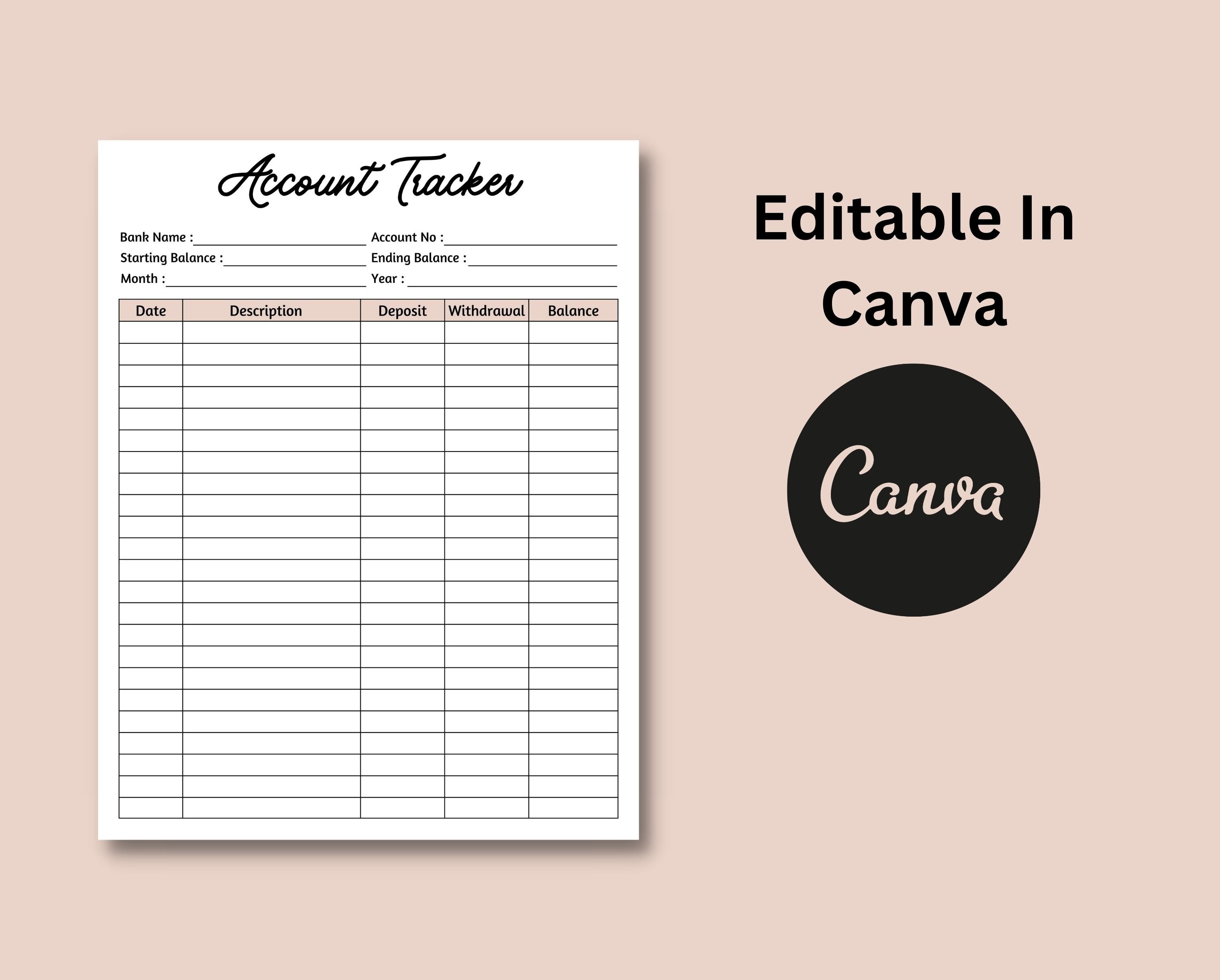 Account Tracker Printable Account Log Editale Bank Account - Etsy