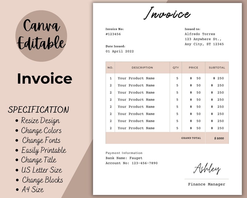 Invoice Editable Template Printable Order Form Invoice - Etsy