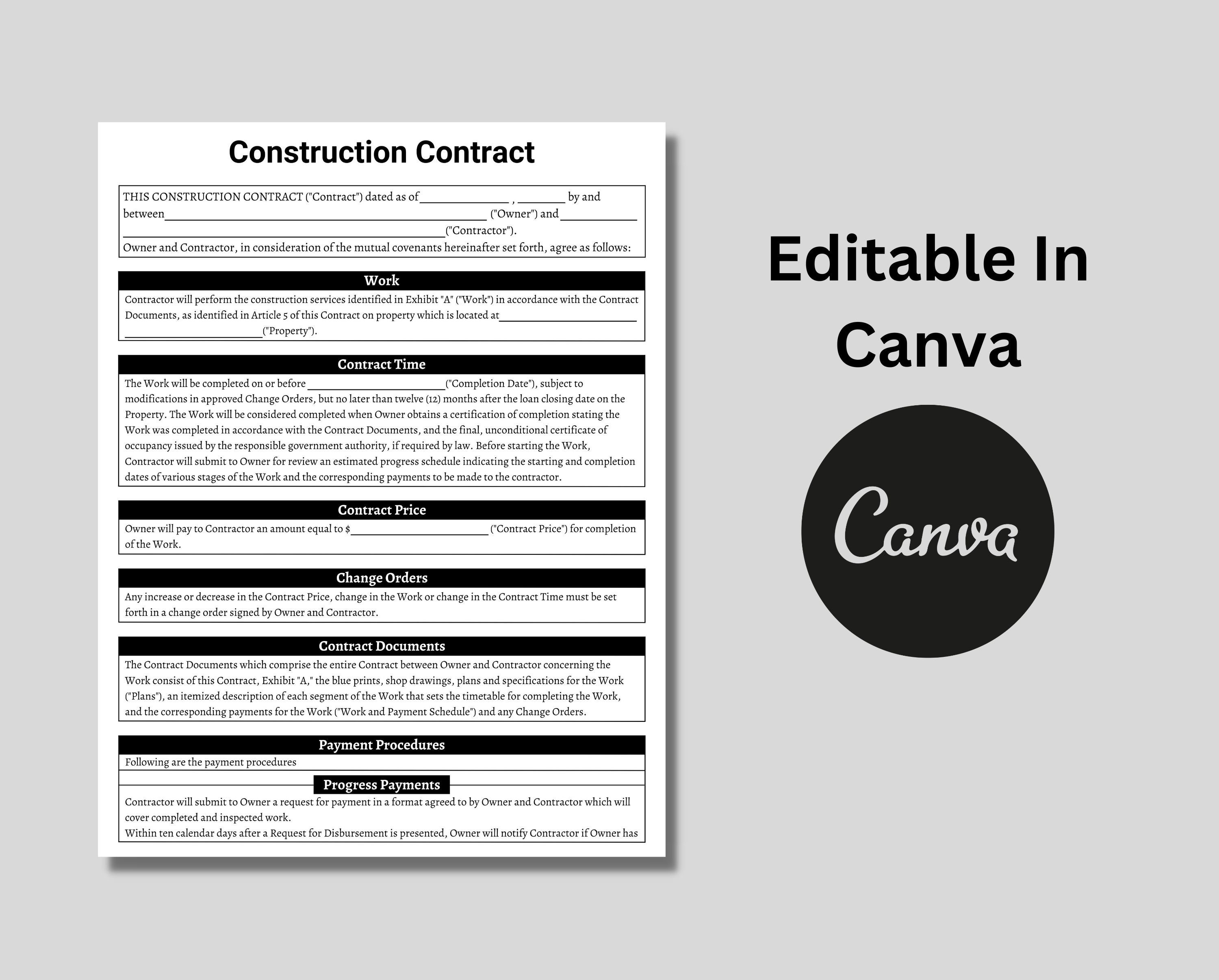 Construction Contract Printable Construction Template - Etsy