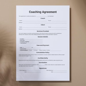 Simple Coaching Agreement Template, One Page Coaching Contract ...