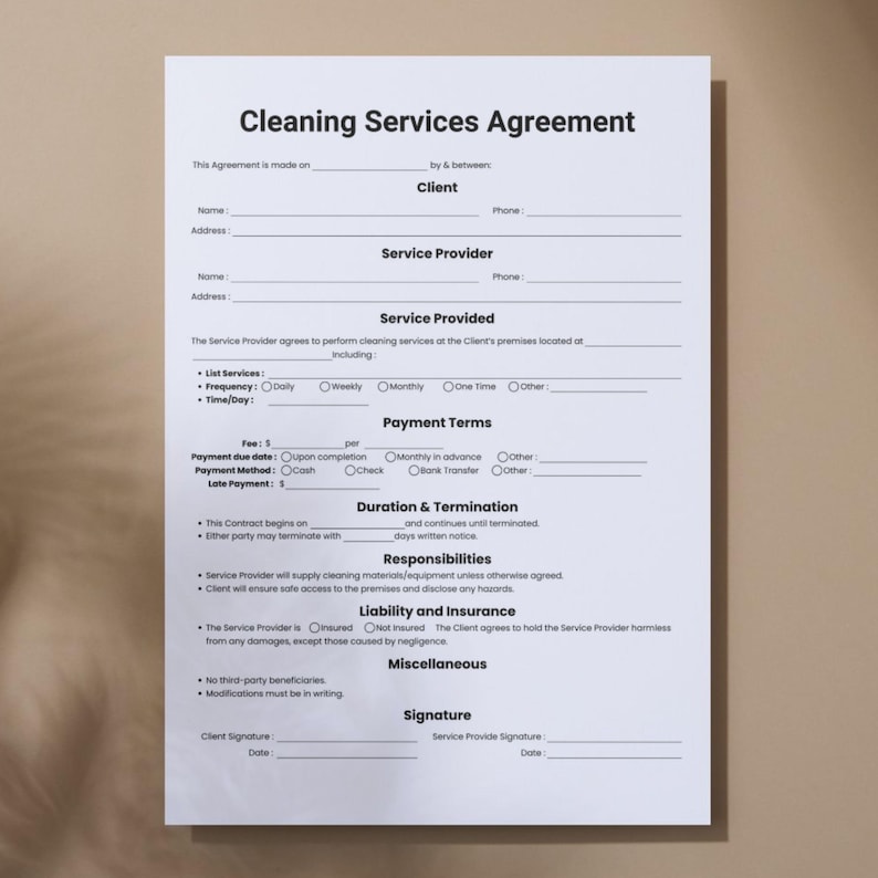 Simple Cleaning Service Agreement, One Page Cleaning Business Form, Printable & Editable ...