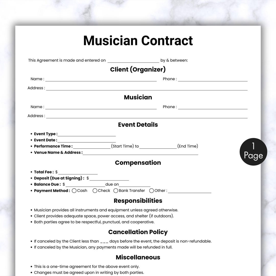 Simple Musician Contract, One Page Musician Collaboration Template ...