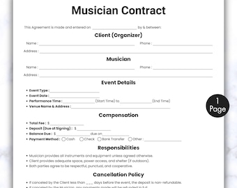 One Page Musician Contract, Editable Musician Collaboration Form Template Canva, Printable ...