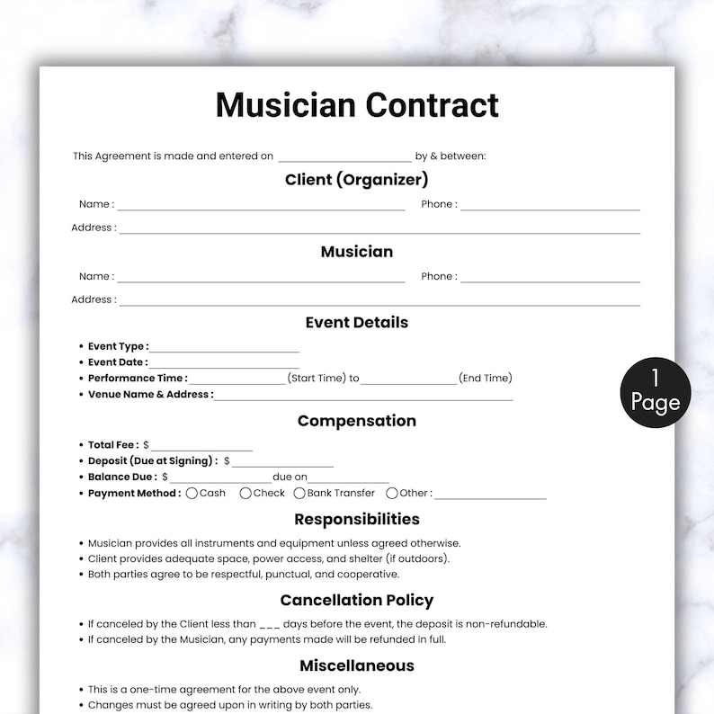 Simple Musician Contract, One Page Musician Collaboration Template ...